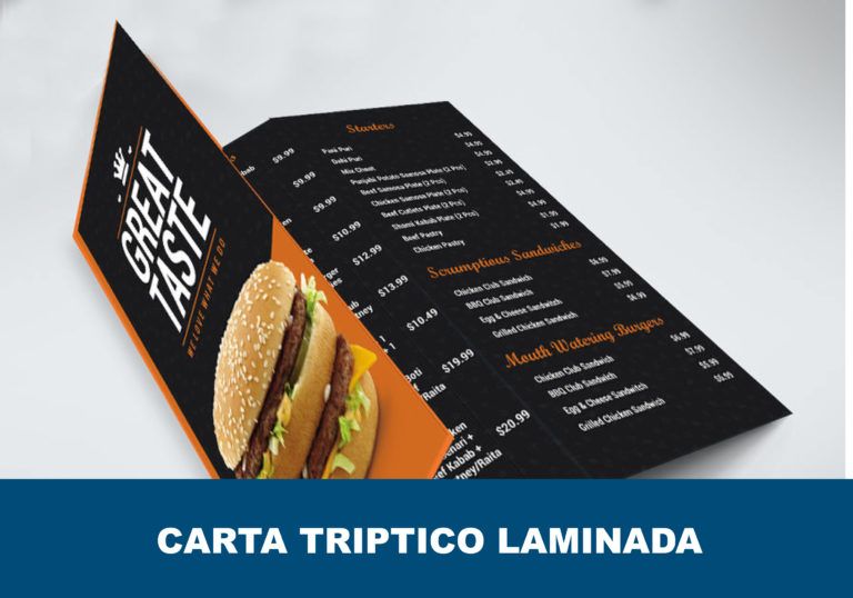 【Carta menú triptico laminada】, impresión de cartas restaurante baratas
